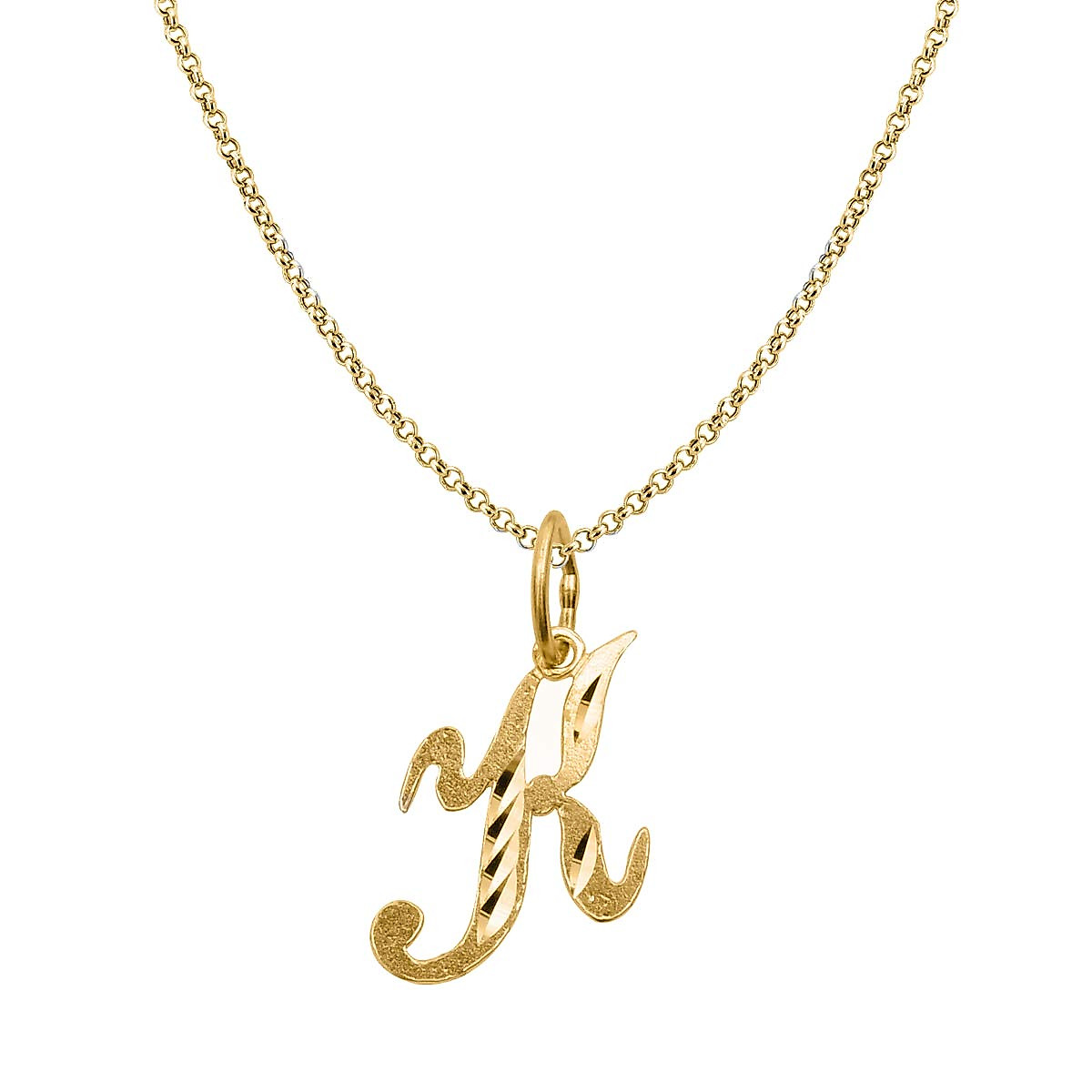 PRECIOUS STARS 14k Yellow Gold Diamond-cut Cursive Letter Initial 'K' Pendant with 1.2mm Rolo chain
