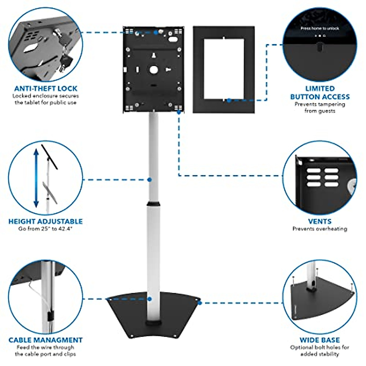 Mount-It! Anti-Theft Tablet Kiosk Floor Stand Compatible with iPad and Samsung | Height Adjustable Secure Check-in Stand | Free-Standing Or Secure Bolt-On Design