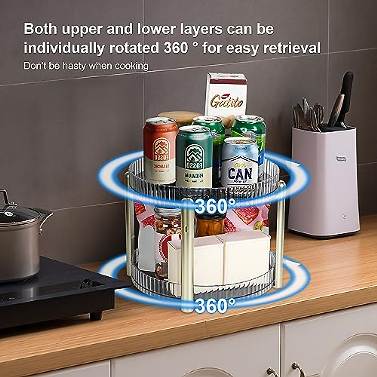 2 Tier Lazy Susan Turntable, Clear Spice Rack Organizer, Perfume Organizer, 360°Rotating Condiment Organizer, Farmhouse Tiered Tray Decorative Trays, for Cabinet, Pantry, Kitchen, Bathroom