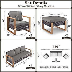 Belord 5 Piece Outdoor Wicker Patio Conversation Furniture Set Deep Seating, Metal Wide Armrests Patio Sofa Set with Rattan Chairs Ottomans for Porch Deck Sunroom Backyard