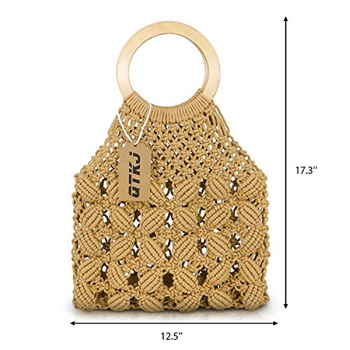 QTKJ Boho Women's Summer Beach Straw Crochet Bag Hollow Out Hand-Woven Cotton Tote Bag Purse with Wooden Round Handle (Khaki)