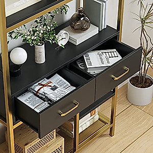 HITHOS Bookshelf, Tall Bookcase with 2 Drawers and Storage Shelves, Industrial Etagere Bookcase Book Shelves for Office, Living Room, Black/Gold