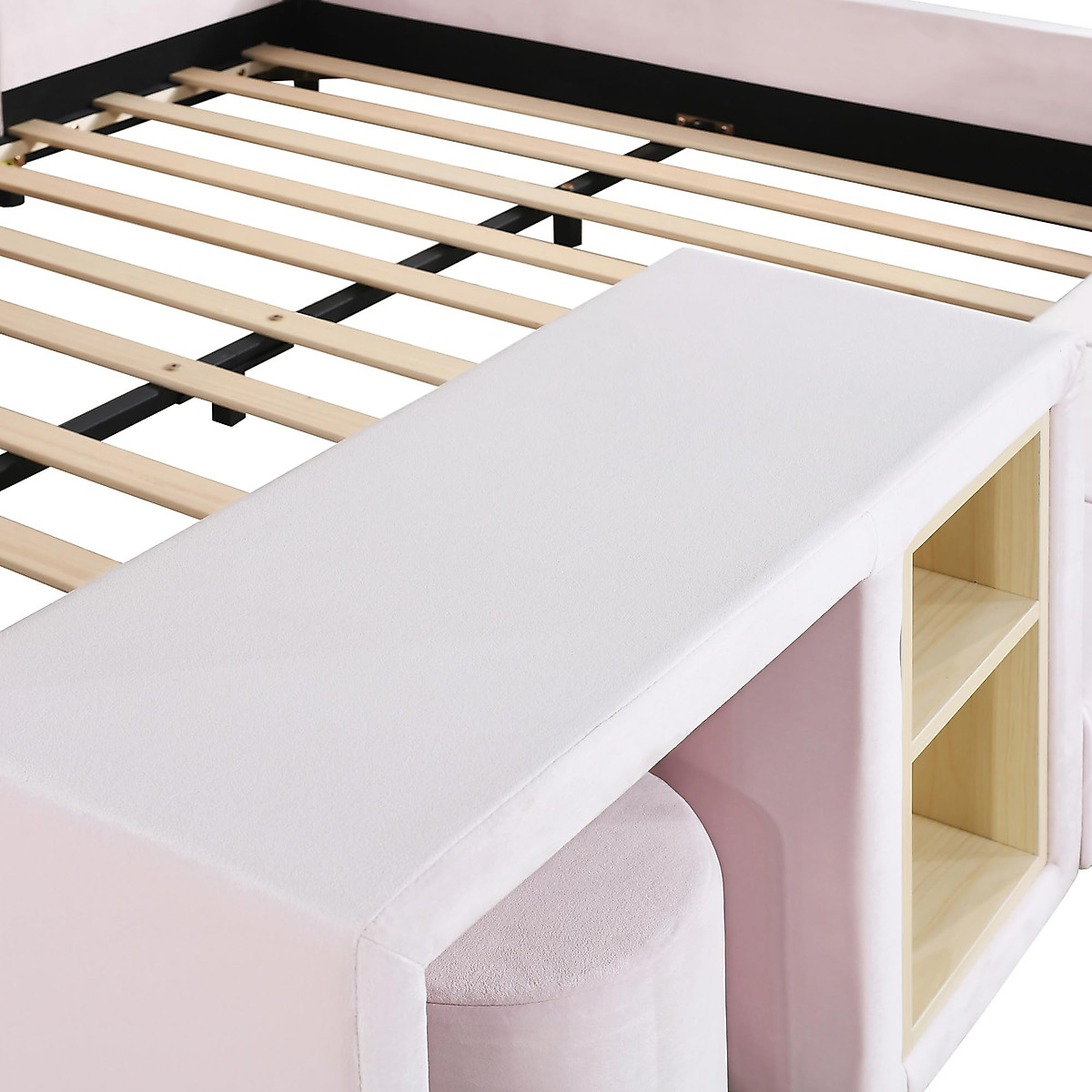 Brabrety Modern Upholstered Grounded Bed, Full Size Mother & Child Bed with Bedside Desk and Little Round Stool, Velvet Fabric, for Kids Teens Boys Girls Adults (Pink@011)