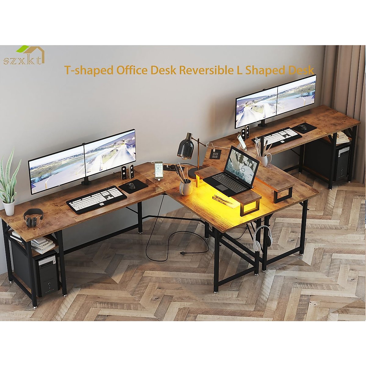 SZXKT L Shaped Gaming Desk with Power Outlets and Monitor Stand, Computer Desk with LED Lights,Home Office Desks Large Writing Study Table Workstation with Hooks Desk for Bedroom, Rustic Brown