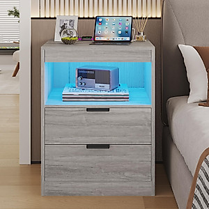 ADORNEVE Nightstand with Wireless Charging Station and LED Lights, Grey Night Stand with 2 Drawers and Open Storage for Bedroom, Bedside Table with Pull-Out Shelf, Modern End Side Table