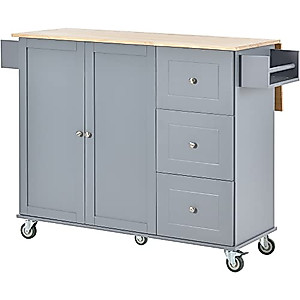 OPTOUGH Rolling Mobile Kitchen Island with Locking Wheels,Storage Cabinet and Drop Leaf Breakfast Bar, Kitchen Cart for Home w/Spice Rack,Towel Rack & Drawer,Grey Blue