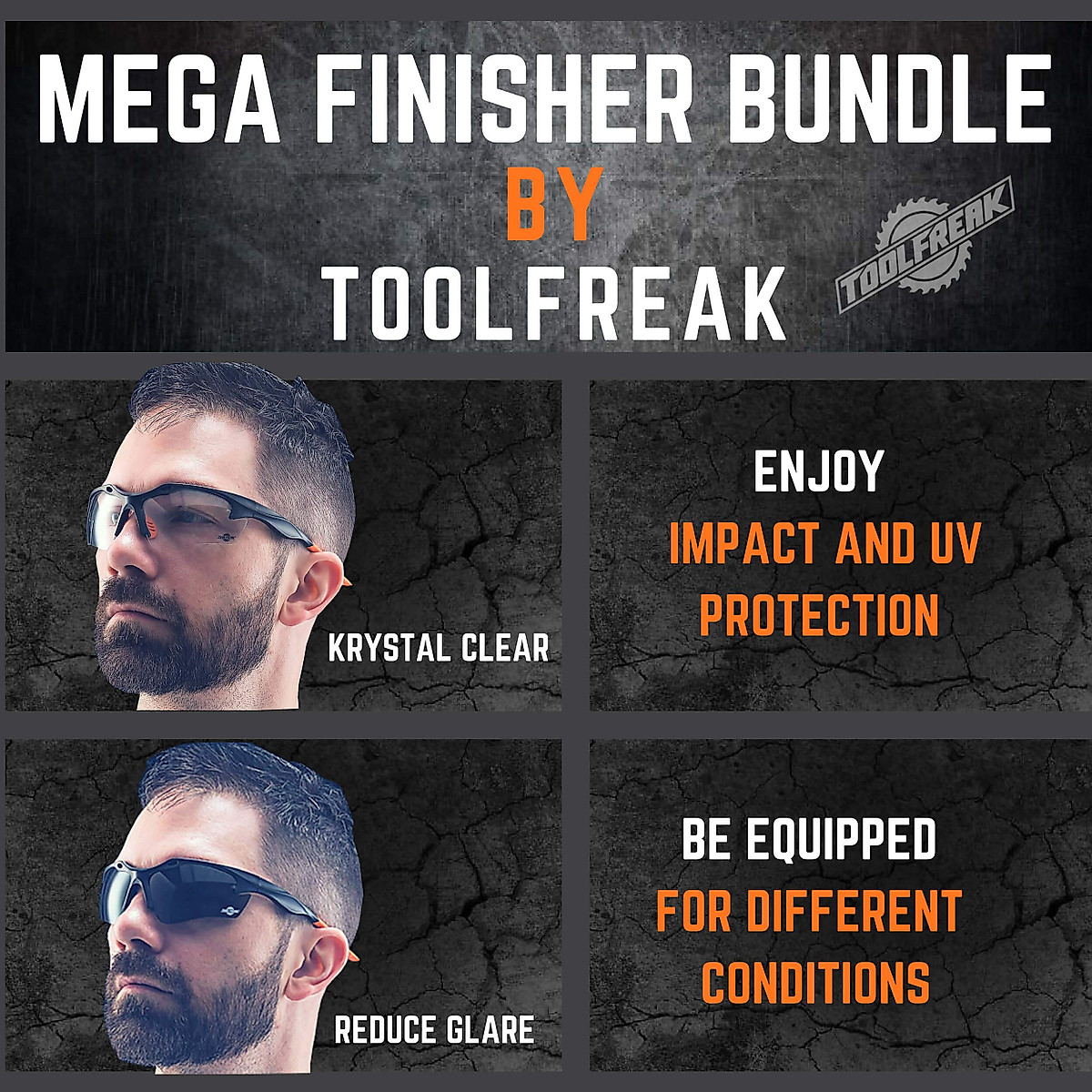 ToolFreak Finisher Safety Glasses Bundle Offer, Clear and Smoke Polycarbonate Lens, Wraparound Lenses with UV and Impact Rating,Neckcord and Carry Pouch