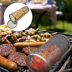 OQOPO BBQ Net Tube, Rolling BBQ Grilling Basket, Outdoor Picnics BBQ Grill Stainless Steel Mesh Versatile Cylinder Grill Cooking Accessories for Vegetables,Fries,Meat,Fish BBQ Net Tube (2Pcs)