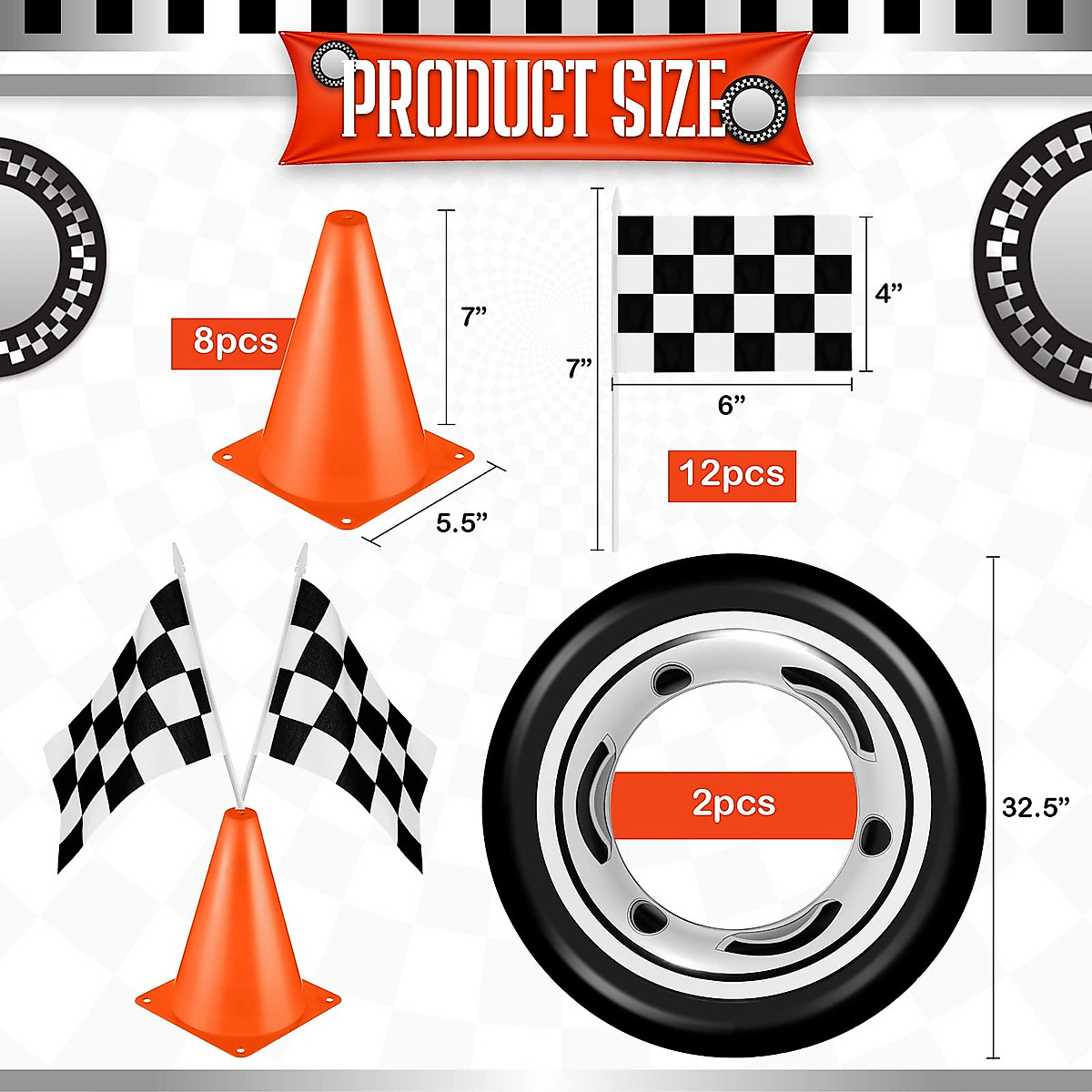 24 Pieces Race Car Party Supplies Include Traffic Cones Checkered Flag Race Flags Checkered Tablecloth Race Track Running Mat and Tire Tube Swimming Ring for Car Themed Birthday Party Decorations