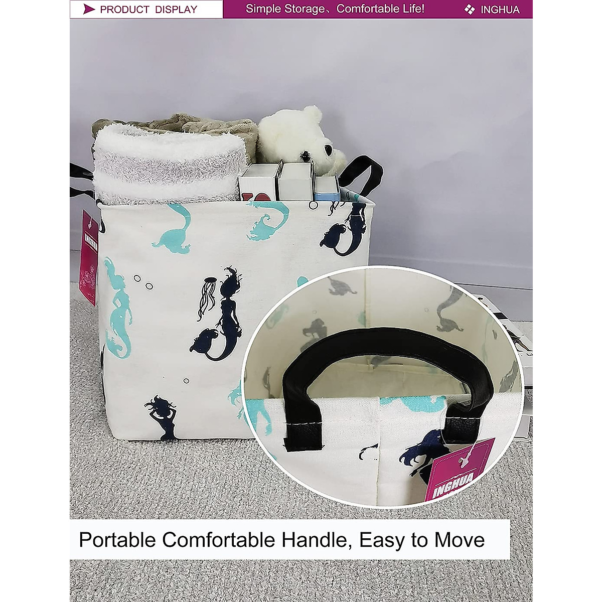 INGHUA Square Storage Basket Fabric Organizer Bin for Toys,Books,Clothes,Gifts,Pets-Perfect for Home,Office,Nursery,Dorm,Shelf(Square-mermaid)