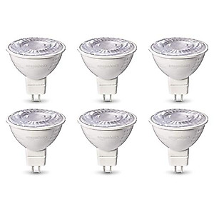 Amazon Basics MR16 LED Light Bulb, 50 Watt Equivalent, Energy Efficient 7W, GU 5.3 Base, Warm White 3000K, Dimmable, 10,000 Hour Lifetime, 12V Low Voltage, 6-Pack