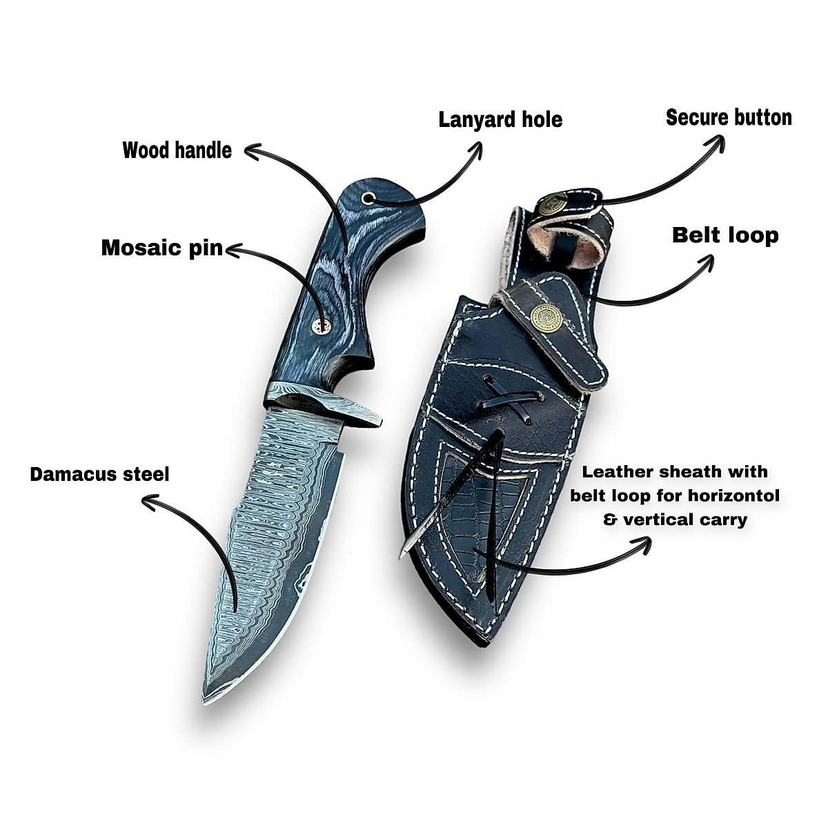 LYN-Handmade Damascus Steel Hunting Knife with Sheath Fixed Blade Damascus Hunting Belt Knife for Camping Ideal for Skinning, Camping, Outdoor - EDC Fixed Blade Bushcraft Knife Ergonomic Black wood Handle | Cool Knives For Men Tactical