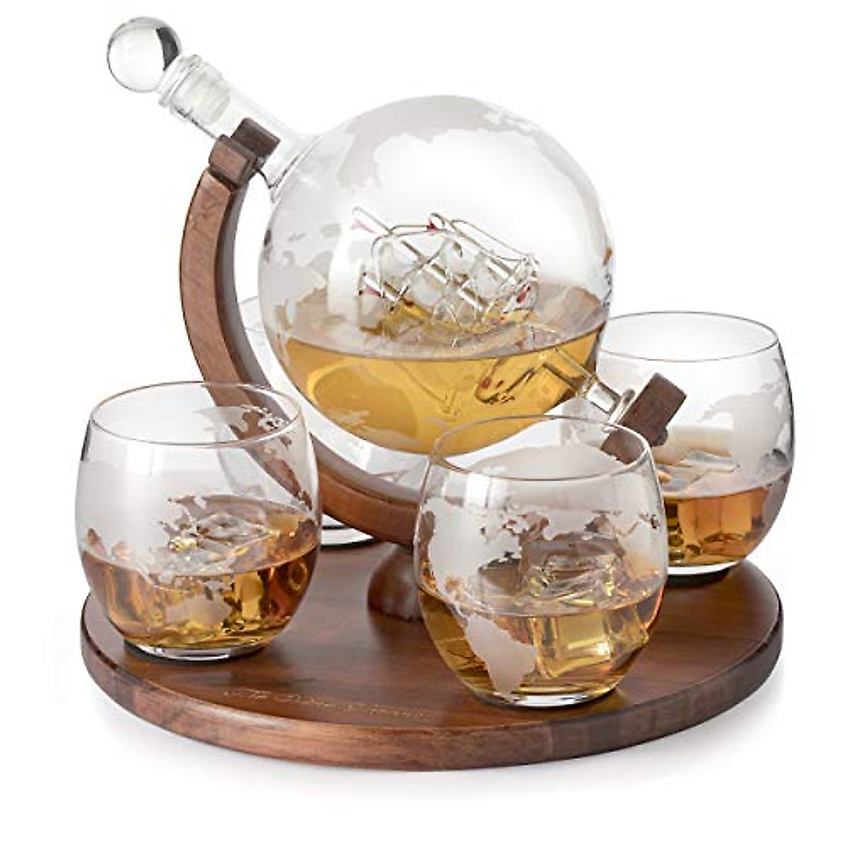 Etched World Decanter whiskey Globe - The Wine Savant Whiskey Gift Set Globe Decanter 750 ml with Antique Ship, Whiskey Stones and 4 World Map 10oz Glasses, Great Gift - Alcohol Related Gift, HOME BAR