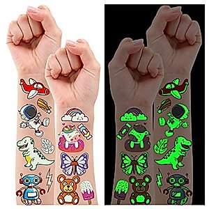 Partywind 380 Styles (30 Sheets) Luminous Tattoos for Kids, Mixed Styles Temporary Tattoos Stickers with Unicorn/Mermaid/Dinosaur/Outer Space/Pirate for Boys and Girls, Glow Party Supplies Gifts for Children