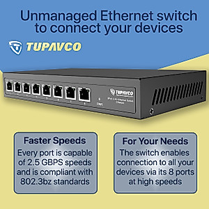 2.5GB Switch (8 Port) for Ethernet Network - High Speed 10M/100M/1G/2.5G Gigabit (802.3bz) - Unmanaged Plug & Play Fanless LAN Splitter - Metal Case - Wall Mountable - Tupavco TP1980