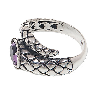 NOVICA Artisan Handmade Amethyst Ring Sterling Silver Cocktail with Snake Motif Purple Single Stone Indonesia Animal Themed Birthstone Halloween [ring Front 0.6 in L x 0.8 in W x 0.2 in D Band Width ]