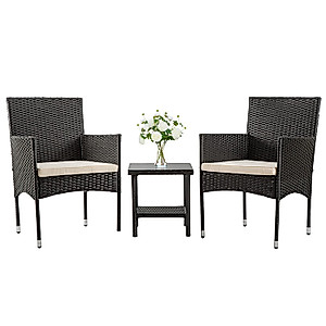 FDW 3 Pieces Patio Set Outdoor Patio Furniture Sets Wicker Bistro Set Rattan Chair Conversation Sets Garden Porch Furniture Sets for Yard and Bistro with Coffee Table (Black)