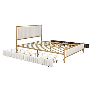 HBRR Queen Size Upholstered Bed with 4 Storage Drawers, Metal Platform Bed Frame with Button Tufted Headboard, Heavy Duty Mattress Foundation, No Box Spring Needed, Beige
