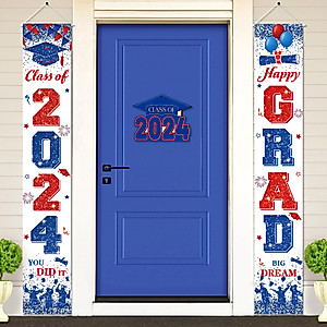2024 Graduation Party Decorations Banner Red Blue Graduation Door Banner Class of 2024 Happy Grad Porch Hanging Banner Sign for 2024 Graduation Indoor Outdoor Door Wall Yard Decor
