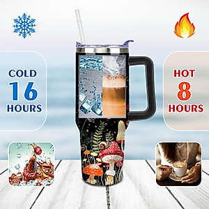 thmasamwr Mushroom Tumbler with Lid and Straw, Stainless Steel Mushroom 40oz Tumbler with Handle, Black Mushroom Travel Coffee Mug Mushroom Gifts Cups for Women and Men