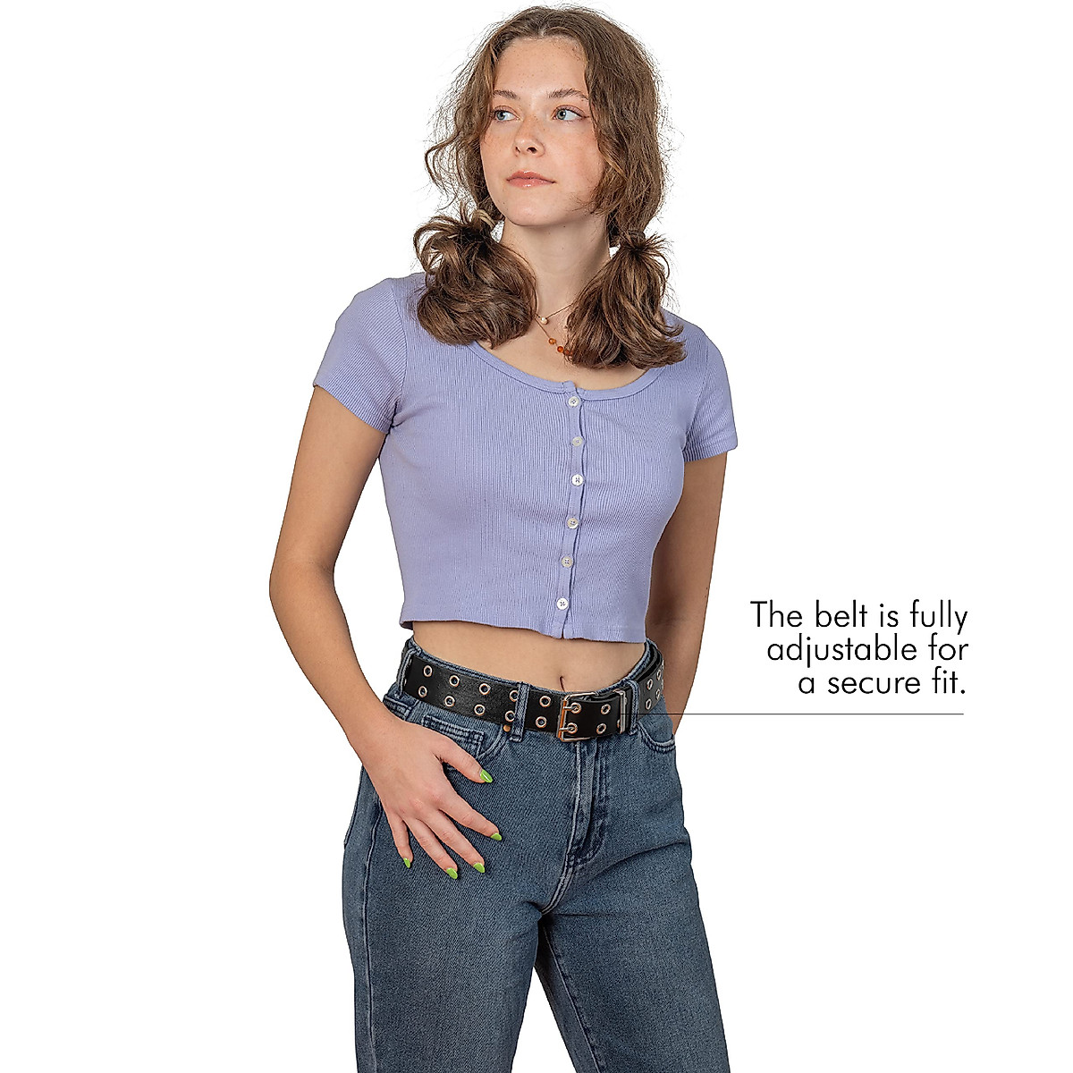 Skeleteen Double Grommet Punk Belt - Black Faux Leather 2 Prong and Holes Aesthetic Grunge Belts for Men Women and Kids (Black, Medium)