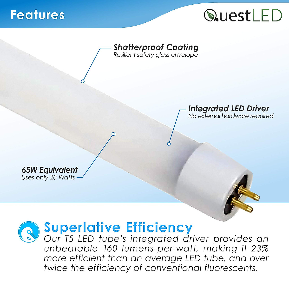 LED T5 Ballast Bypass Tube Light (30 PACK) Shatterproof; 120-277V; 24W; 3200 Lumens=160lms/w; Rewire direct to AC power single sided connection; 50,000 Life Hours; 5 Year Warranty; UL & DLC Listed