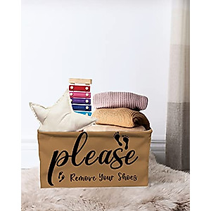 Please Remove Your Shoes Storage Basket Waterproof Cube Storage Bin Organizer with Handles, Farmhouse Brown Collapsible Storage Cubes Bins for Clothes Books Toys 15"x11"x9.5"