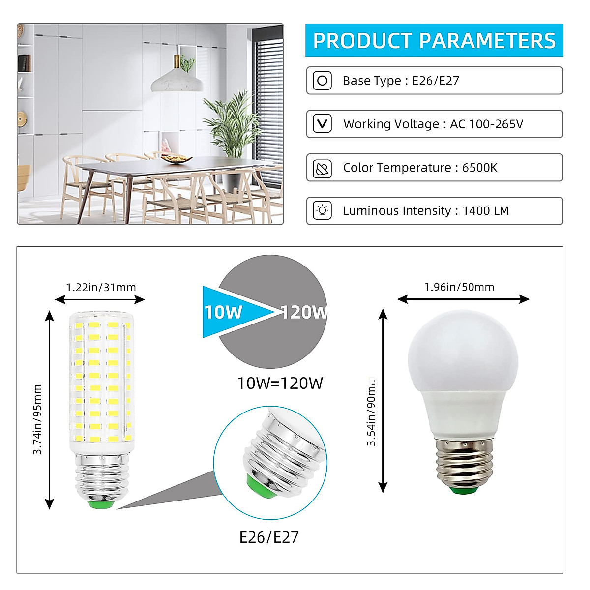 E26 10W LED Light Bulbs Super Bright, Equivalent 120W Chandelier Bulbs, Daylight White 6500K 1400LM Non-Dimmable Compact 100-265V E26 Medium Screw Base Bulbs Ceiling Fan Light Bulbs, Pack of 2