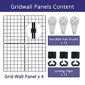 WELLCO Grid Wall Panels, 15.7"x 11.8" Grid Wall for Any Retail Display, Portable and Assembled Wall Grid with Extra Joining Clips and Hooks, 4 Pack, Black