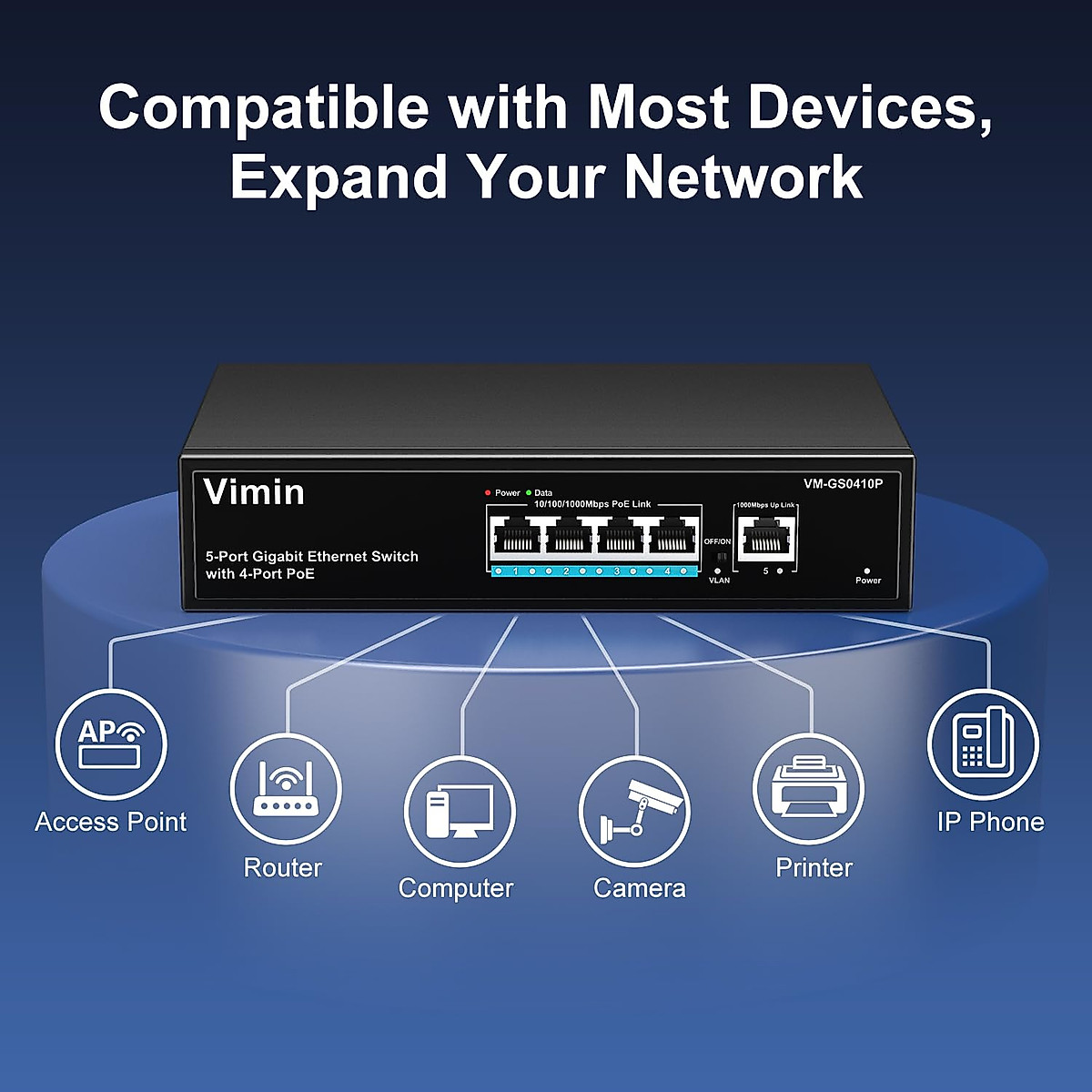 4 Port Gigabit PoE Switch with 1 Uplink Gigabit Ports, VIMIN 5 Port Unmanaged Ethernet PoE Switch with 72W Power, Support IEEE802.3af/at, VLAN, Metal Housing, Desktop or Wall-Mount, Plug & Play