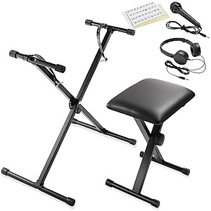 Ashthorpe 61-Key Digital Electronic Keyboard Piano with Light Up Keys, Beginner Kit Includes Stand, Stool, Headphones, Mic and Keynote Stickers