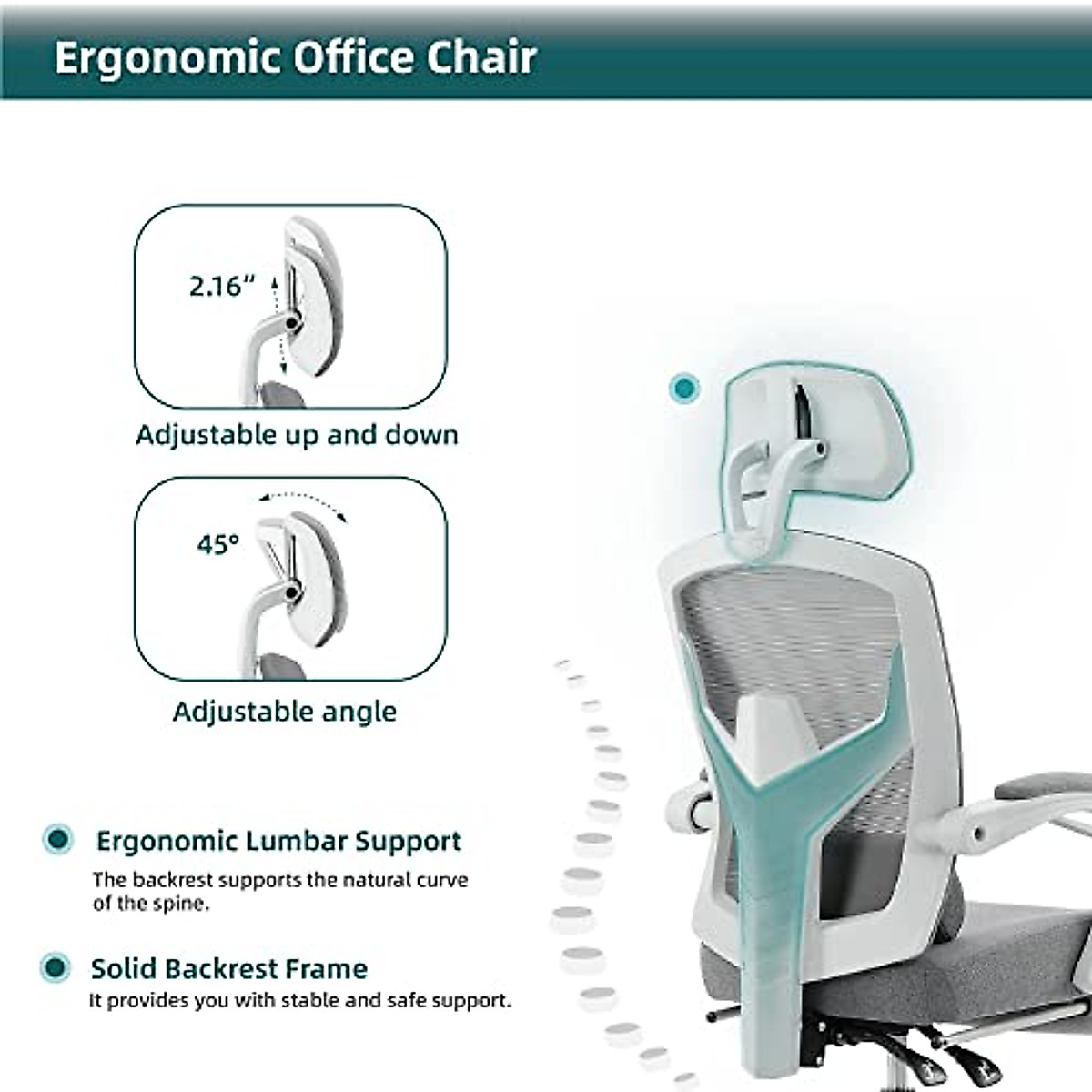 Sweetcrispy Ergonomic Lumbar Pillow and Retractable Footrest, Swivel Rolling Padded Armrests Headrest Height Adjustable Home Office, High Back Reclining Mesh Chair, Light Grey