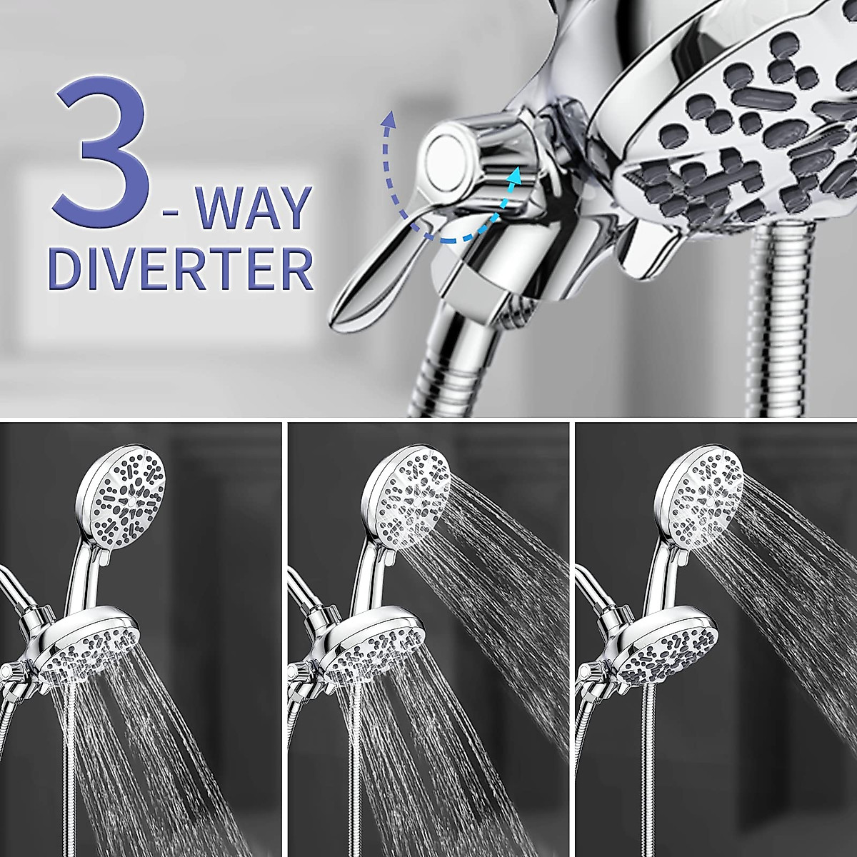 Astomi 63-Setting Dual Shower Head Faucet Set, 2 in 1 High Pressure Rain Shower Head with 7 Functions Handheld Spray, Chrome 3-Way Diverter Shower System Include Brass Valve and Trim Kit