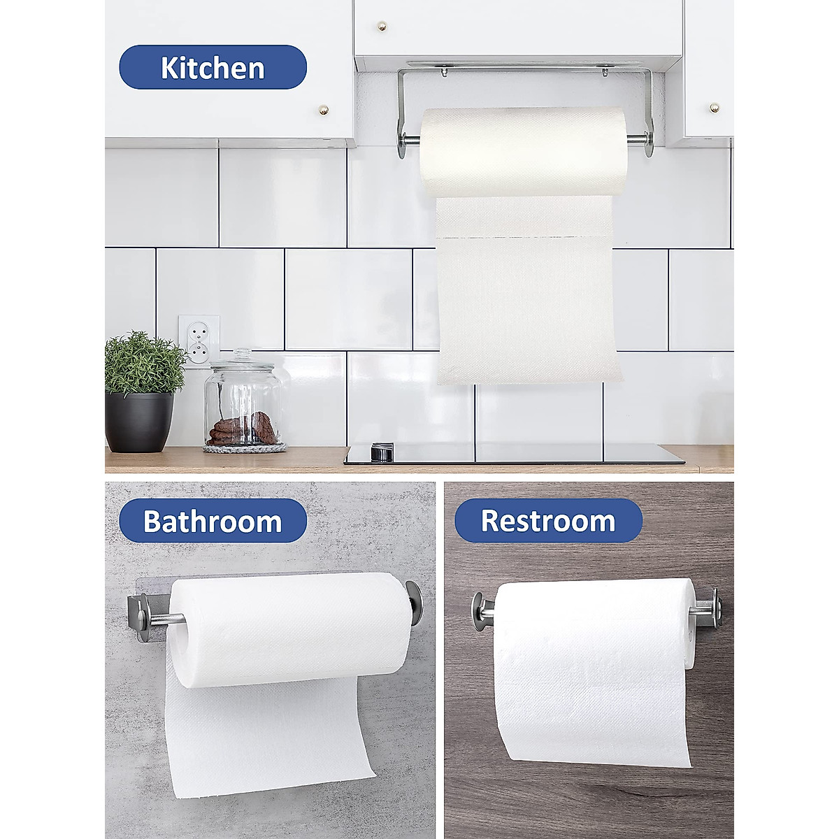 JARLINK Paper Towel Holder with Adhesive Under Cabinet, Removable Stainless Steel for Home Kitchen, Easy Tear and Wall Mounted, No Drilling, Silver