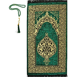 Prien Prayer Rug with Tasbih | Muslim Carpet | Praying Mat with Prayer Beads | Islamic Gifts for Women Men | Islam Portable Pray Set for Travel Kids Ramadan Namaz Hajj Umrah (Green)