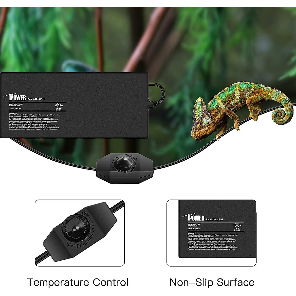 iPower 8 by 18-Inch 24 Watts Reptile Heating Mat with Temperature Controller Under Tank Warmer Terrarium Heat Pad for Reptiles and Amphibians, Black