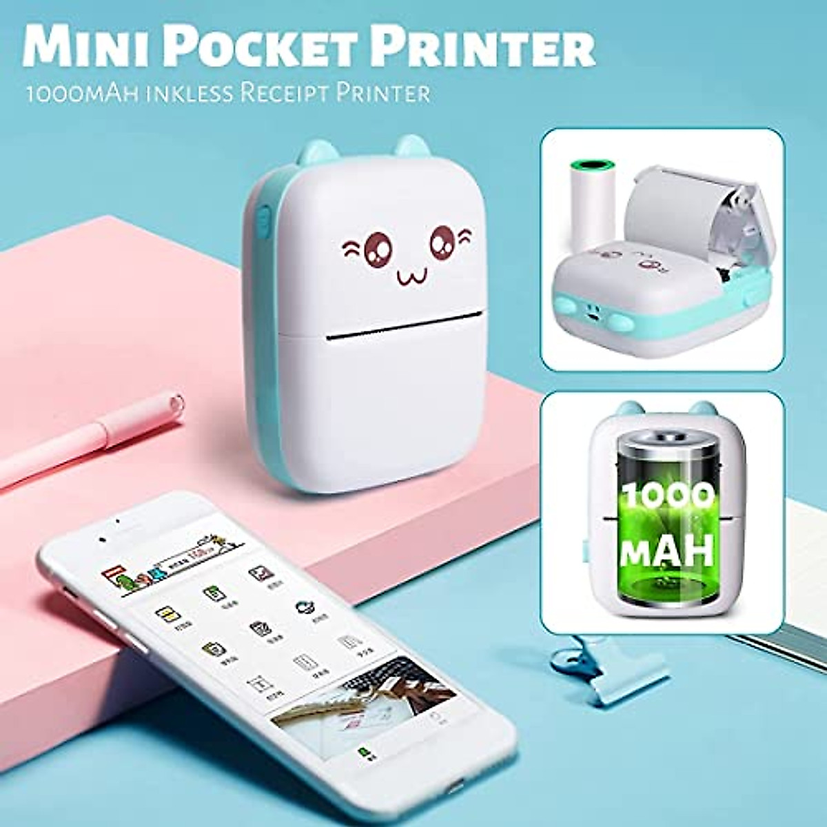 Ranen Mini Portable Printer Photo Pocket Photo Bluetooth V4.0 200 Sticker Receipt Printer Mobile Thermal Printer(B)