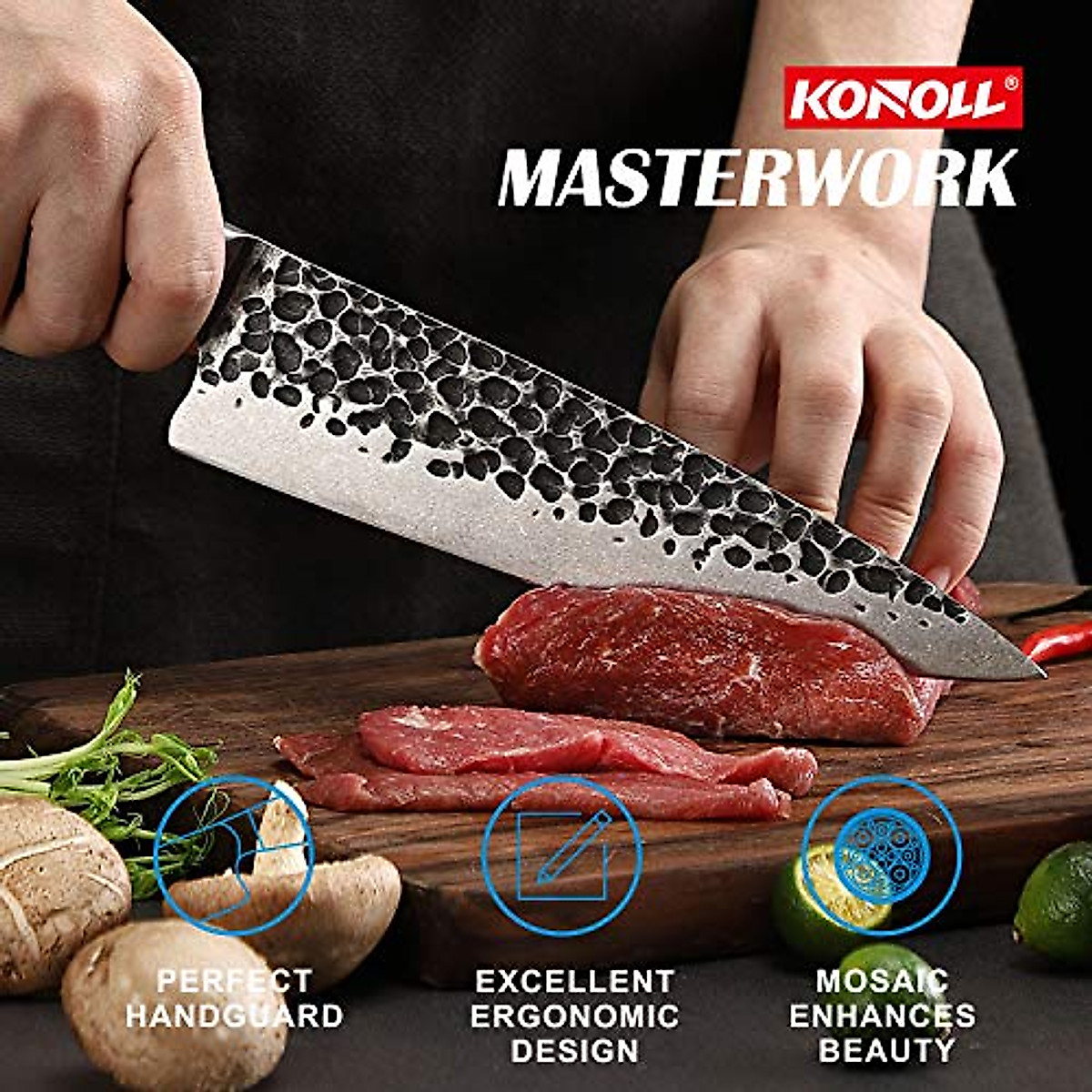 KONOLL Chef Knife Forged Handmade 8 Inch Professional Kitchen Knife, Meat Cleaver HC Stainless German Steel with Full Tang Wood Handle