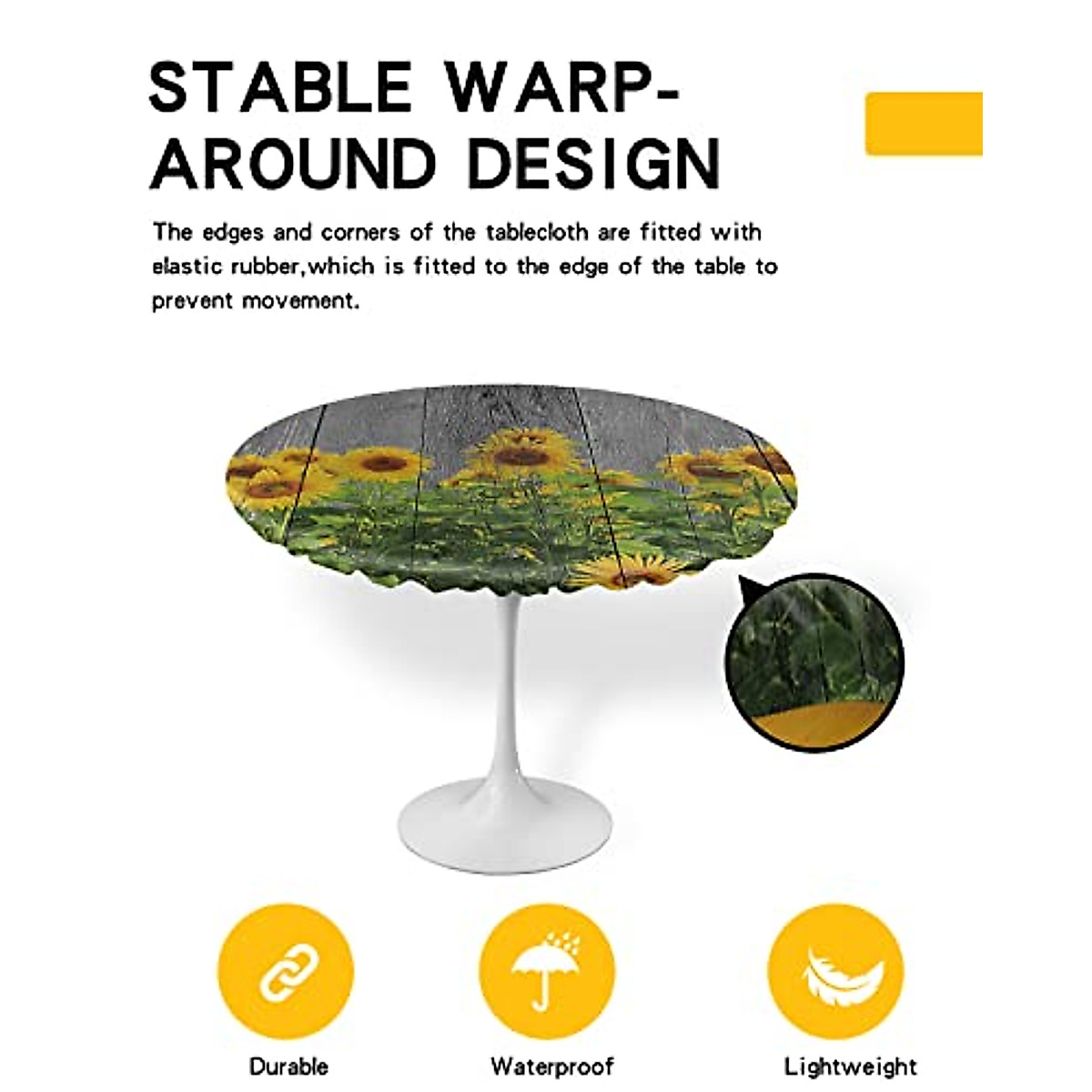 Big buy store Elastic Edged Waterproof Tablecloth Round Sunflower Plant Garden Reusable Wipeable Table Cover Wooden Plank Washable Oil-Proof Fitted Table Cover up up to 55"- 60" Round Tables