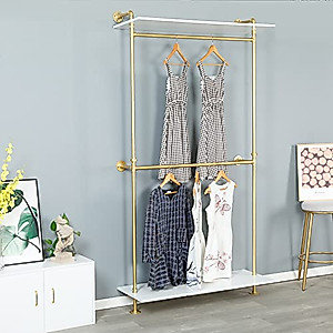 MDEPYCO Modern Simple Industrial 2 Tier Wood and Pipe Double Hanging Rods Clothing Garment Rack,Retail Display Wall Mounted Storage Clothes Hanging Shelf,(One Shelves,Gold, 47.2" L)