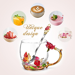 OEAGO Gifts for Mom Women Mothers Day Glass Coffee Enamels Mug Best Birthday Gifts for Her from Daughter Son Valentines Day Christmas Red Tea Cup with Spoon Set