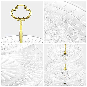 NWK 3/4-Tier Cupcake Stand with Crystal-Clear Plastic Plates and Metal Struts Dessert Stable Tower Display Rack Serving Tray for Wedding Birthday Bridal Shower Autumn NYE Tea Party (Gold)