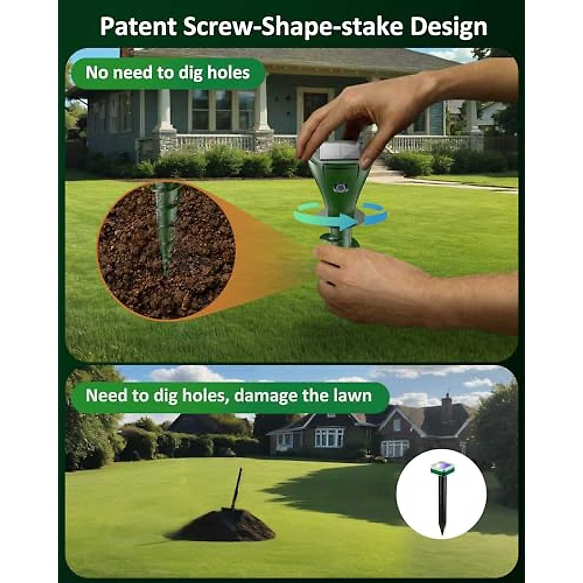 Mole Repellent for Lawns, Solar Powered | Patent Screw-Shape-Stake Design | IP65 Waterproof, Varying Sonic and Vibration to Expel Mole Gopher Snake Vole, for Lawn Garden & Yard (4pc)