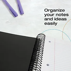 Confetti Spiral Notebook - Hole Punched - 4 Removable Dividers, Spill Proof Cover, Closing Elastic Band, Storage Pocket - Sturdy Bound Notepad, School & Office Supplies - 120 Sheets - Black