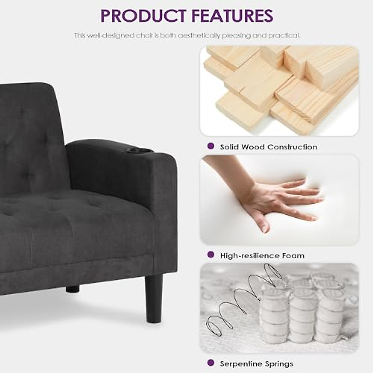 TYBOATLE Accent Chair, Fabric Living Room Arm Chairs for Bedroom, Mid Century Modern Upholstered Tufted Bedroom Office Armchair Single Sofa，Reading Lounging Side Lounge Chair (Dark Grey)