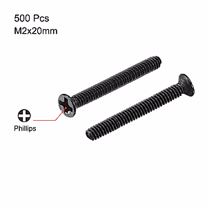 uxcell M2 x 20mm Phillips Screws Fastener Black for Laptop PC TV Fan Switch 500pcs