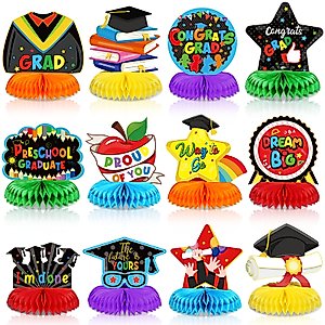 Outus 12 Pcs Preschool Graduation Party Decorations 2024 Kindergarten Graduate Party Honeycomb Centerpieces Congrats Grad Table Toppers for Class of 2024 Elementary Celebration Graduation Party