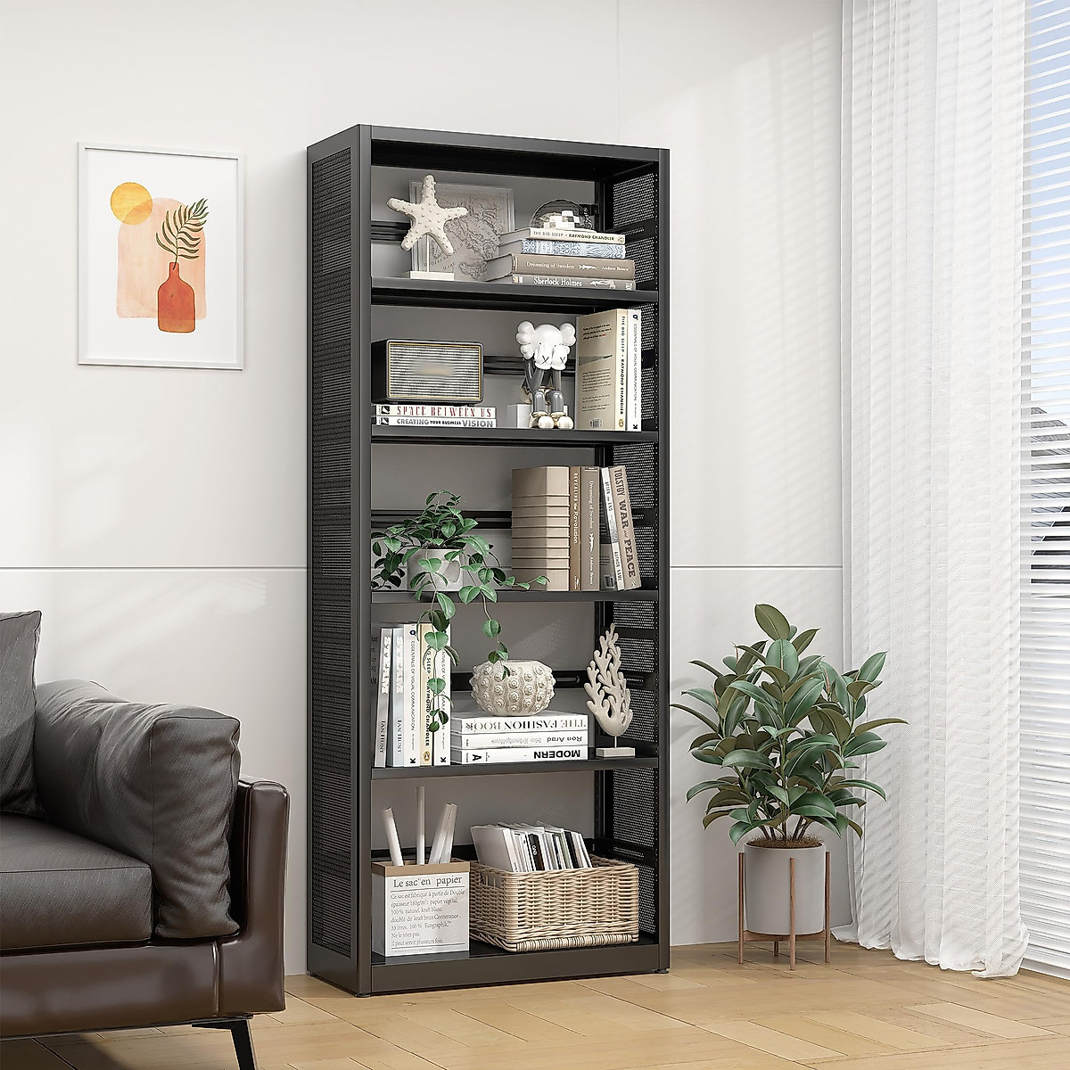 5 Tiers Bookshelf Tall Bookcase Shelf Storage Organizer Book Rack Utility Shelf Metal Shelf Adjustable Garage Shelving Organizer Rack for Kitchen Laundry Garage Bathroom Pantry Office 68" H*28"W*13"D