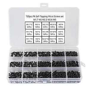 HanTof 750Pcs Small/Micro/Tiny/Mini Self-Tapping Screws,M1.7 M2 M2.3 M2.6 M3 Phillips Pan Head Screws for Laptop Computer Repair,Cross Recessed Wood Screws,DIY Electronic Screws,Carbon Steel (Black)