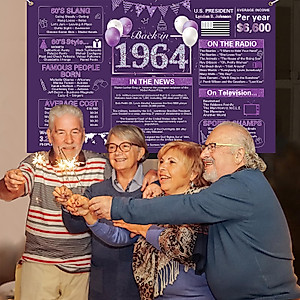 Crenics Purple 60th Birthday Decorations for 1964, Back in 1964 Birthday Backdrop Banner 5.9 x 3.6 Ft, 60 Years Old Birthday Party Supplies for Women